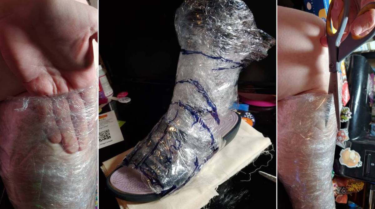 Plastic-wrapping your leg to make shoe cover patterns – Leafnin Cosplay
